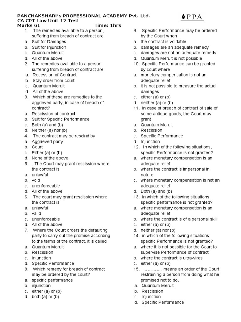 CA CPT Law Test Paper On Unit - 12 Breach of Contract | PDF | Damages ...