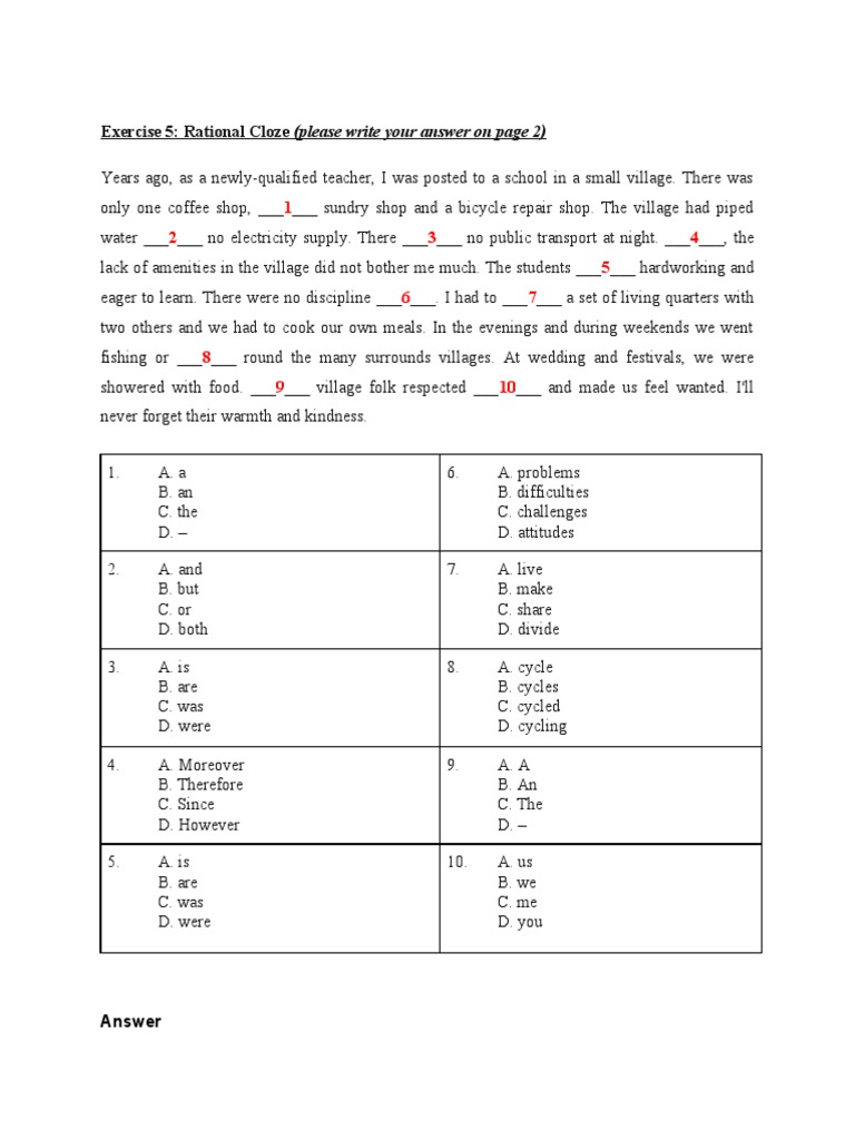 Exercise 5 - Rational Cloze (Please Write Your Answer On Page 2) | PDF