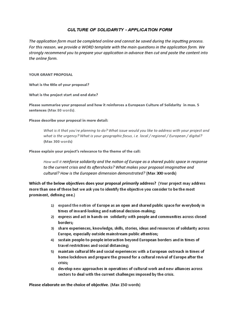 Culture of Solidarity Grant Application Form | PDF | European Union | Space