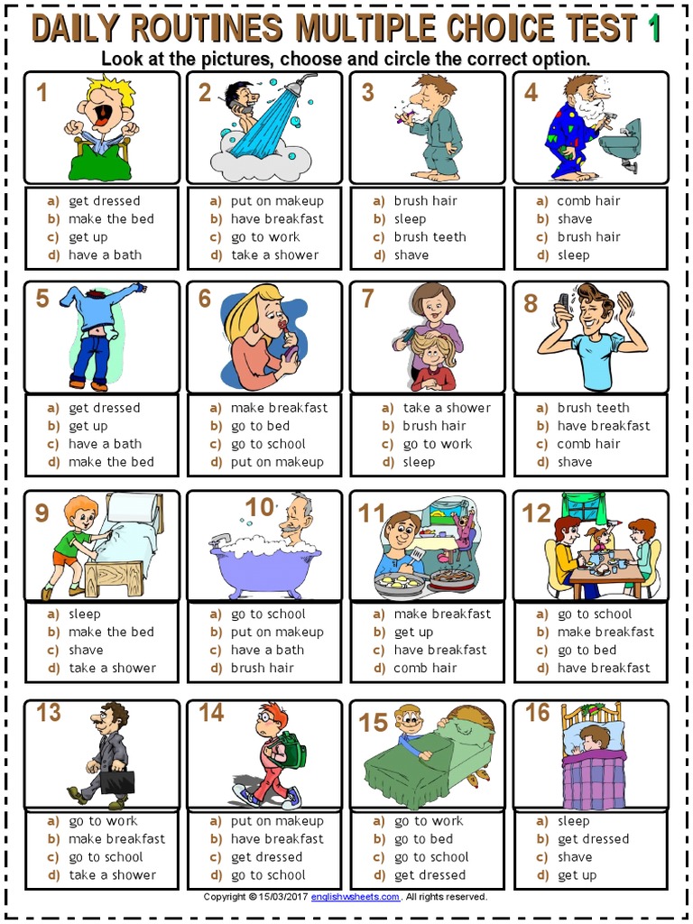 Daily Routines Vocabulary Esl Multiple Choice Tests For Kids | PDF