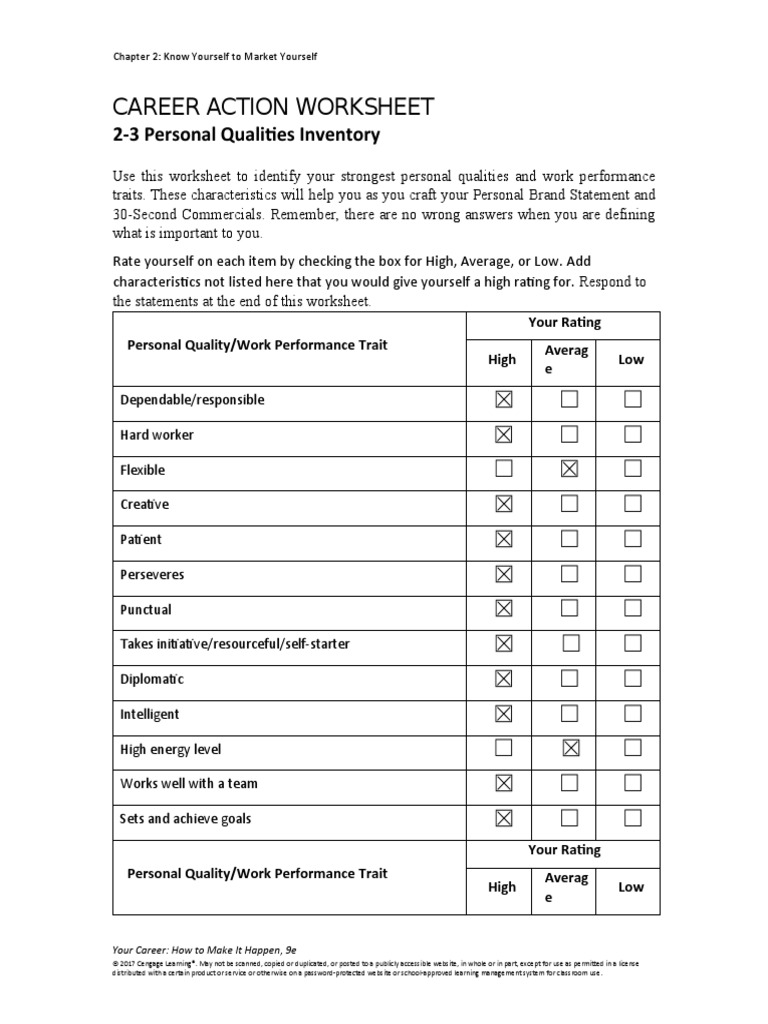 Career Action Worksheet: 2-3 Personal Qualities Inventory | PDF ...