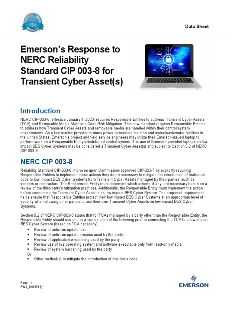 Emerson's Response To NERC Reliability Standard CIP 003-8 For Transient ...