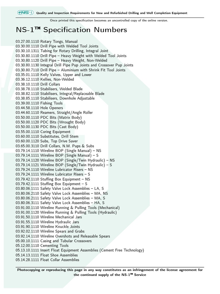 NS 1 Specification Numbers NS1 A4 | PDF | Casing (Borehole) | Equipment