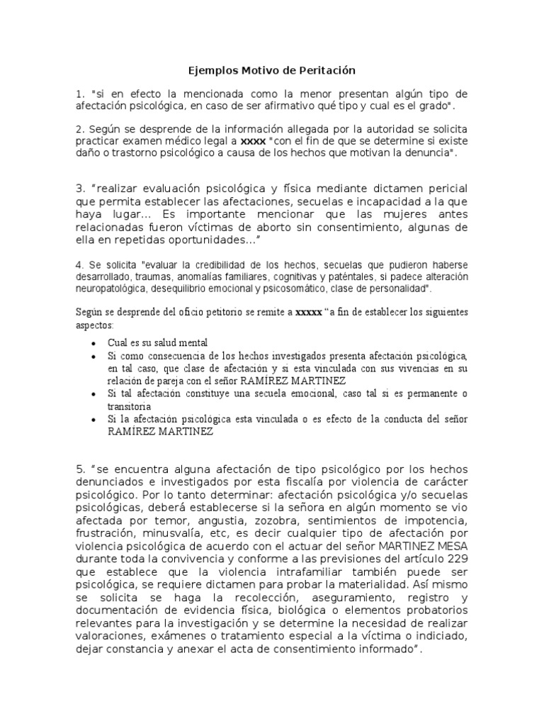 Ejemplos Motivo de Peritación | PDF | Trastorno mental | Sicología