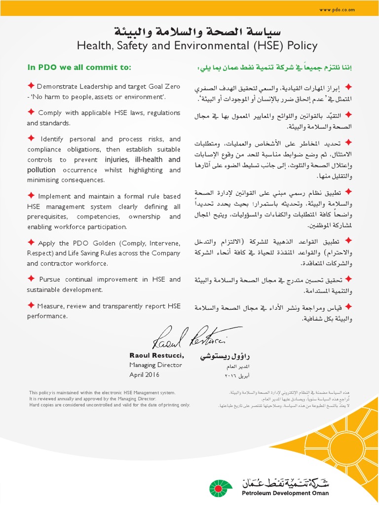 Pdo Hse Policy | PDF | Safety | Public Sphere