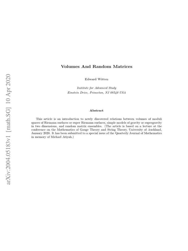 Volumes and Random Matrices: Edward Witten | PDF | Geometry | Physics
