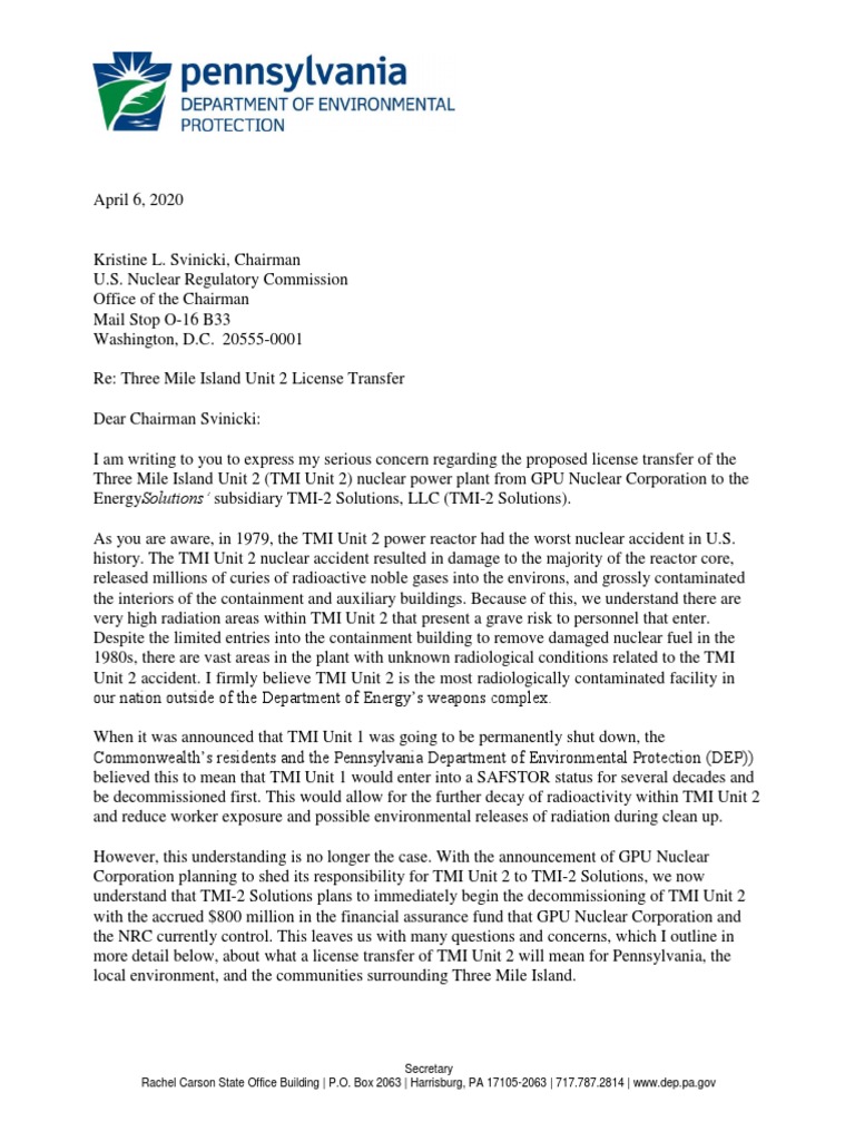 TMI Unit2 Lic Transfer PA DEP Secr Letter To NRC 6april2020 | PDF ...