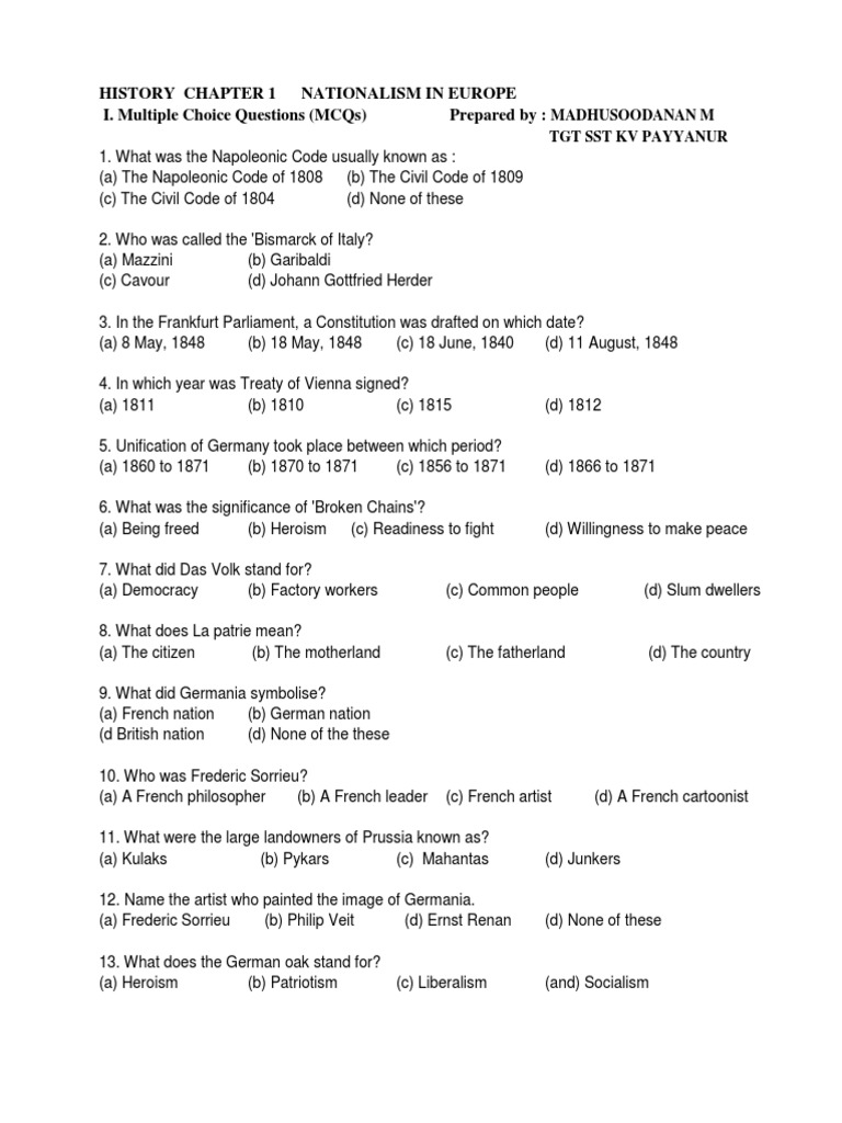 History Chapter 1 Nationalism in Europe I. Multiple Choice Questions ...