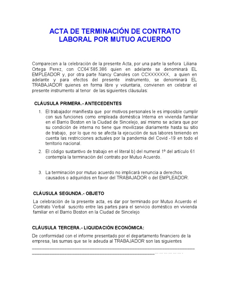 Acta de Terminación de Contrato Laboral Por Mutuo Acuerdo | PDF ...