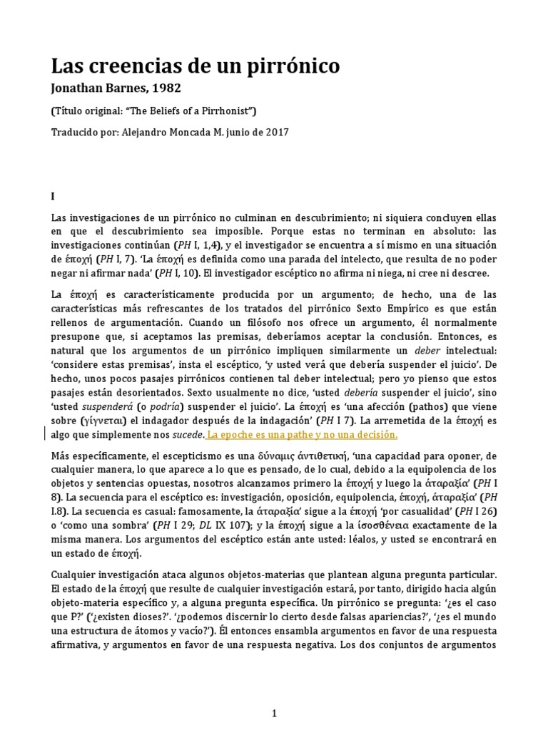 Las Creencias de Un Pirronico - Jonathan Barnes (1982) | PDF ...