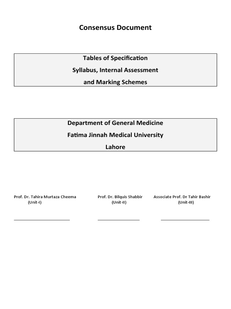 Consensus Document: Tables of Specification Syllabus, Internal ...