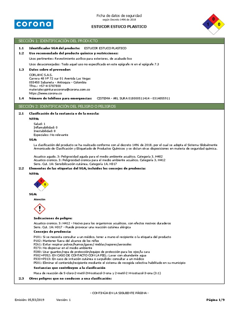 Hoja de Seguridad Estuco Plastico PDF | Descargar gratis PDF | Toxicidad | Residuos