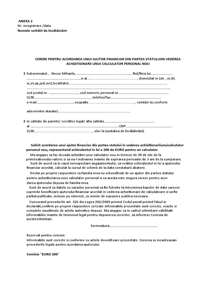 Anexa 2 Cerere Ajutor Financiar Calculatoare Elevi | PDF