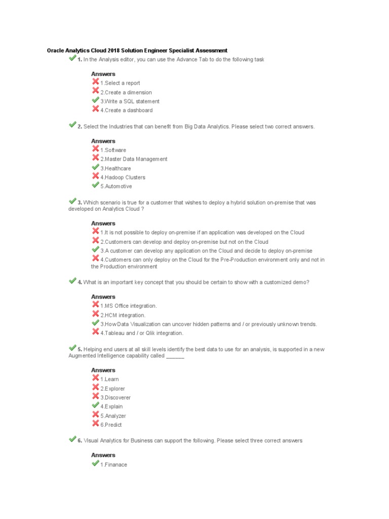 Oracle Analytics Cloud 2018 Solution Engineer Specialist Assessment Pdf Cloud Computing