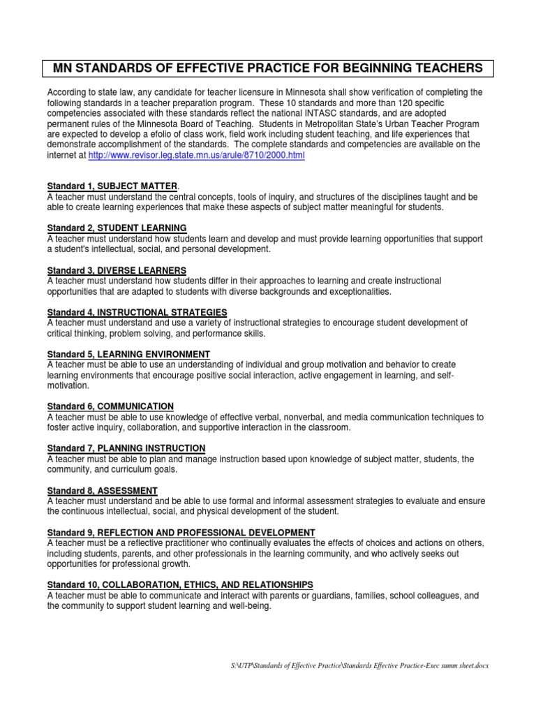 MN Standards for Effective Teaching | PDF | Teachers | Learning