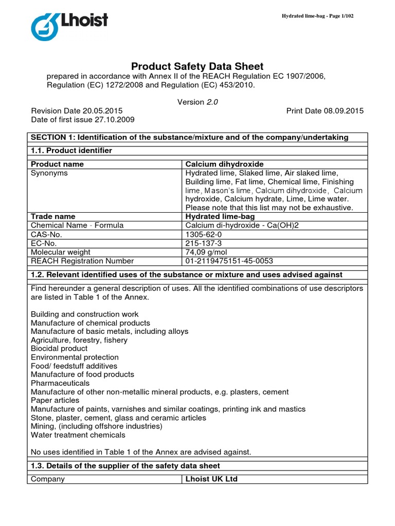 Material Safety Data Sheet Hydrated Lime 2018 PDF | PDF | Toxicity | Waste