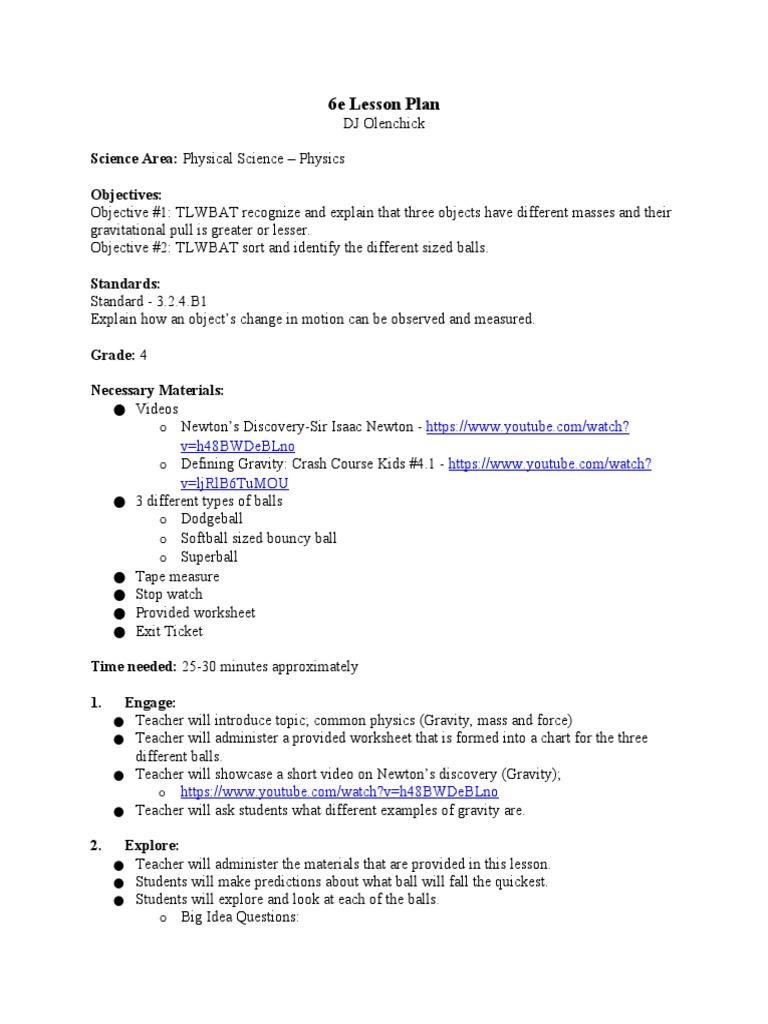 6e Lesson Plan: Science Area: Physical Science - Physics Objectives ...