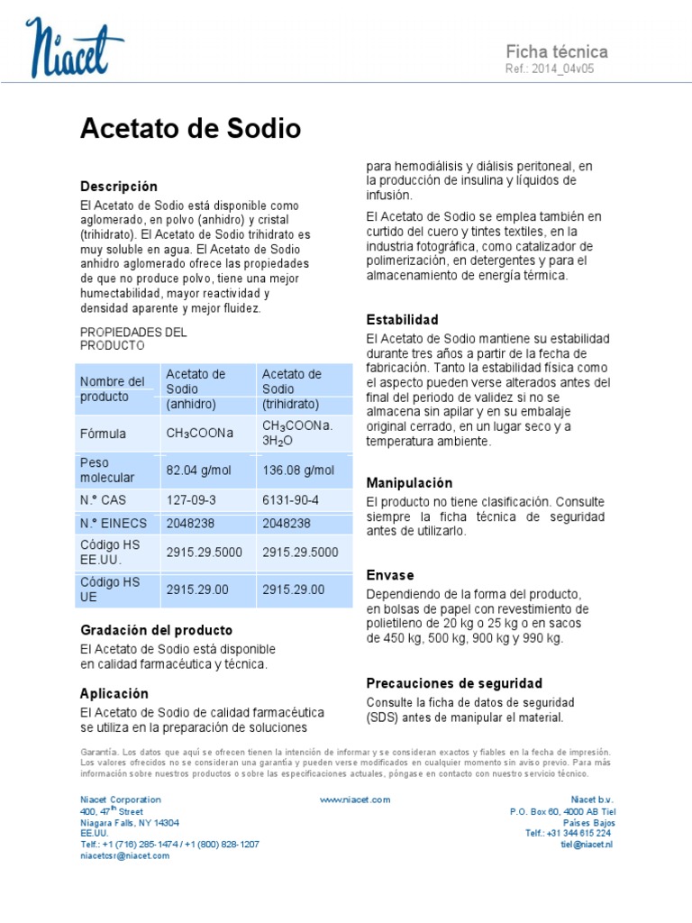 Acetato de Sodio: Ficha técnica | Acetato | Ciencias fisicas