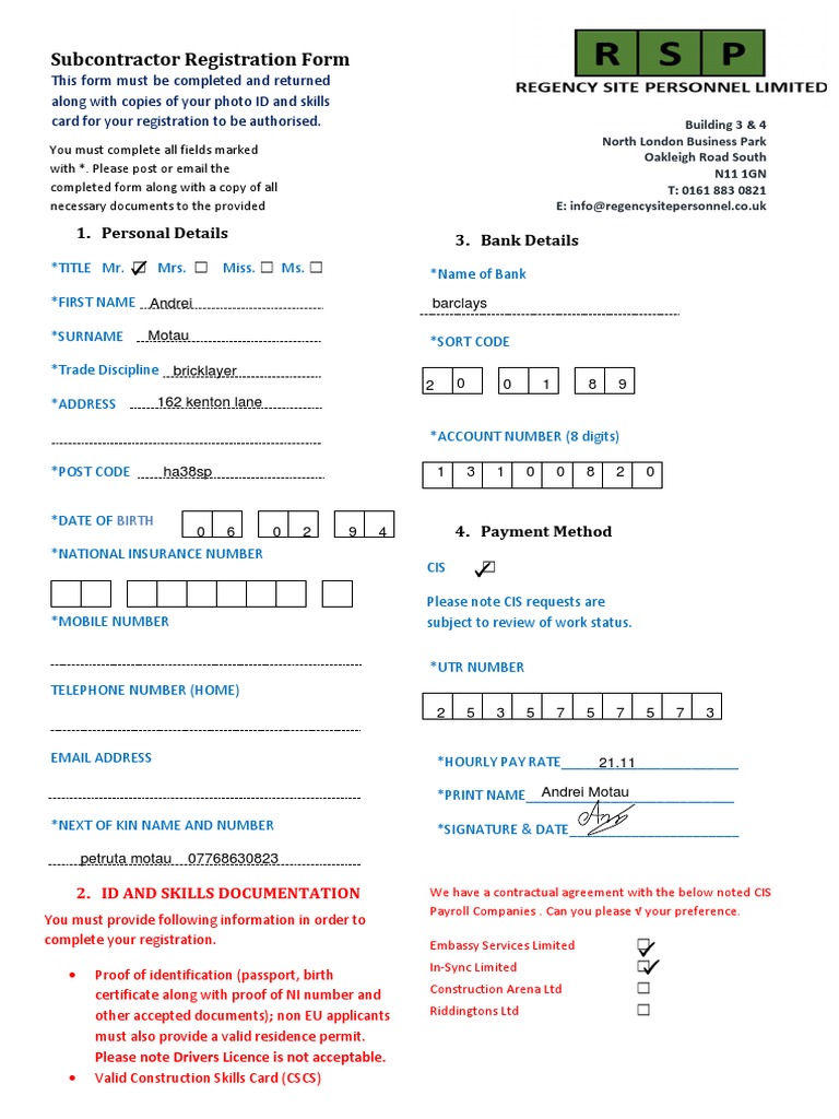 Subcontractor Registration Form: 1. Personal Details 3. Bank Details ...