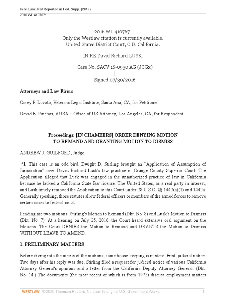 2016 Order Denying Motion To Remand and Granting Motion To Dismiss | PDF | Law