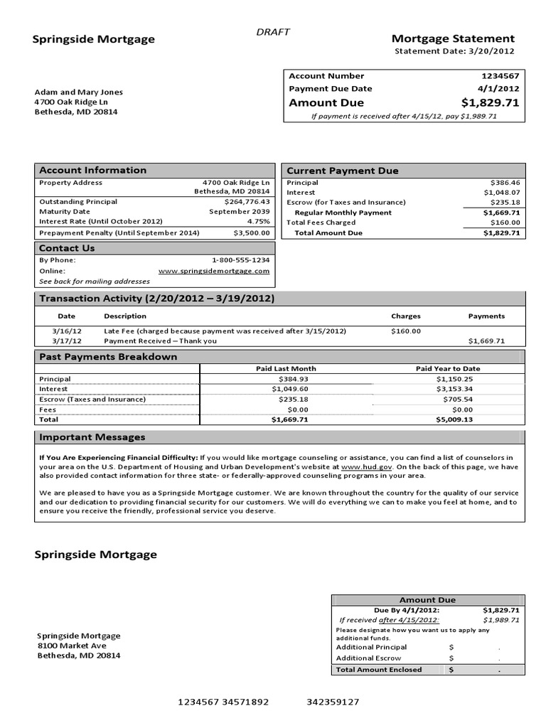 CFPB - Draft Periodic Mortgage Statement PDF | PDF | Mortgage Loan | Fee
