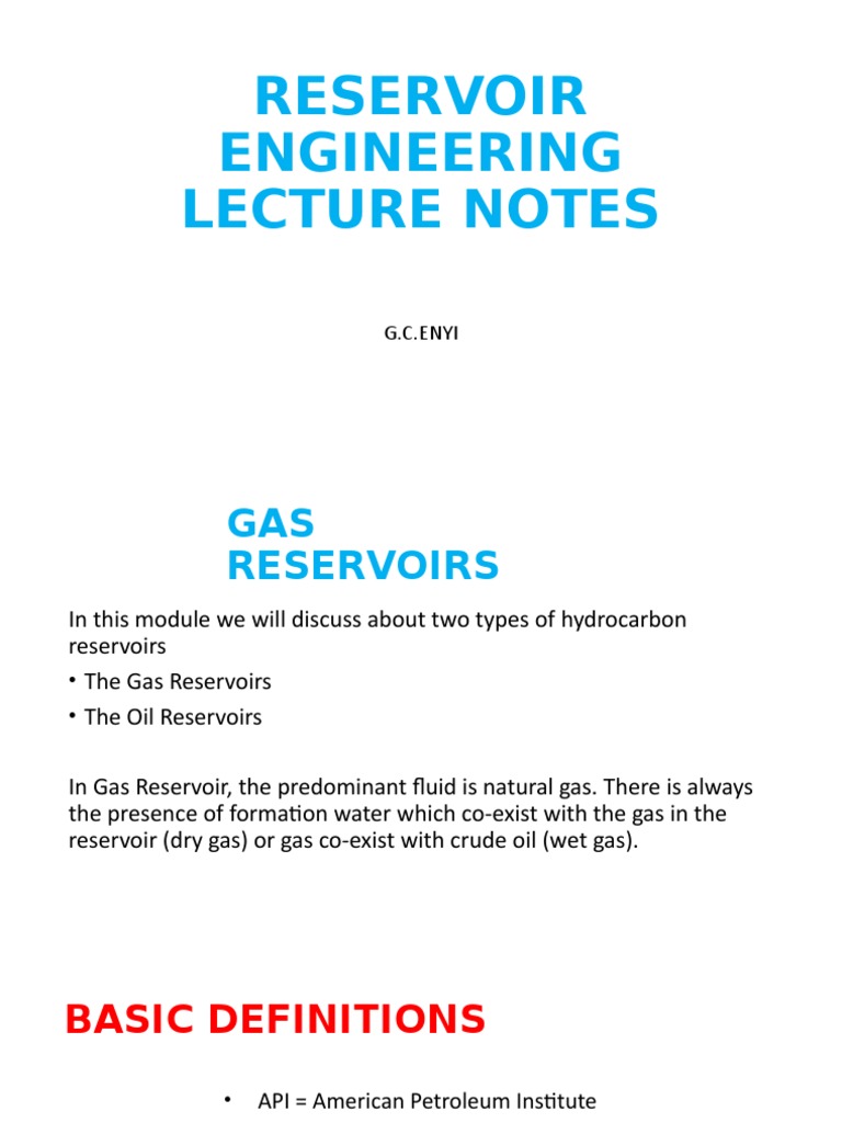 Reservoir Engineering Lecture Notes: G.C.Enyi | PDF | Petroleum ...
