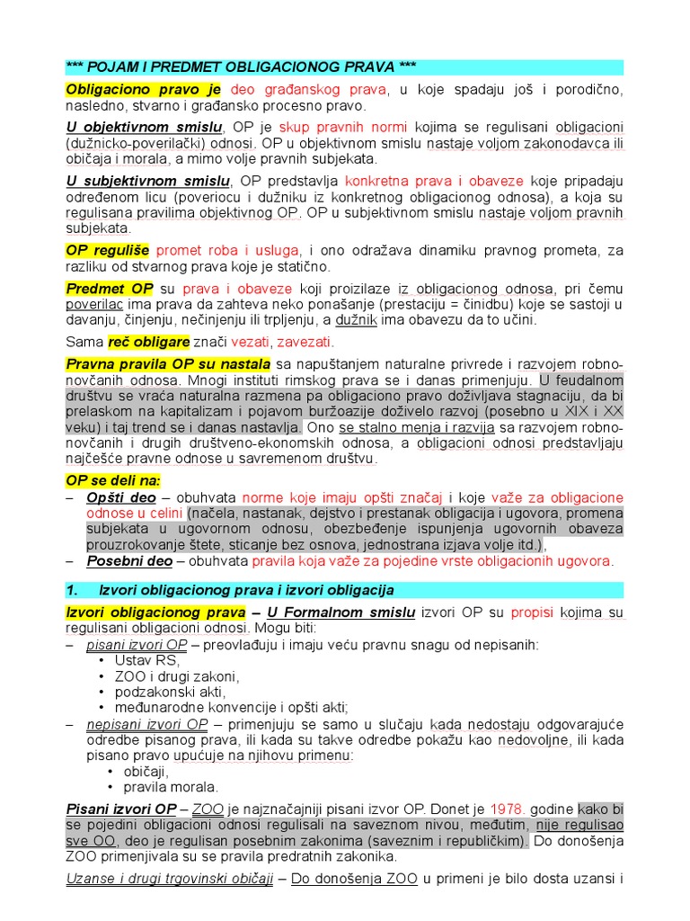 OBLIGACIONO PRAVO - 1. Kolokvijum - Skripta | PDF
