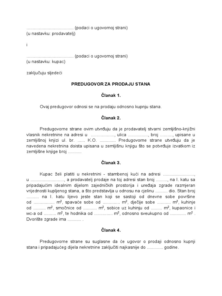 Predugovor Za Kupnju Stana | PDF