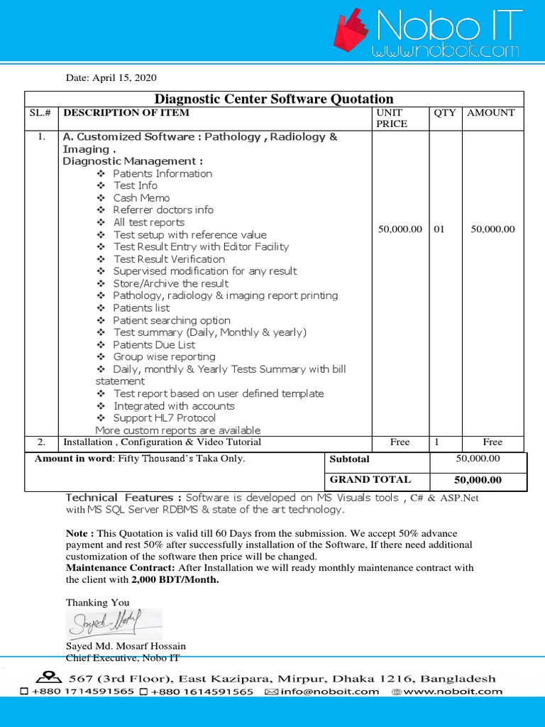 Diagnostic Software Quotation - Nobo IT | PDF