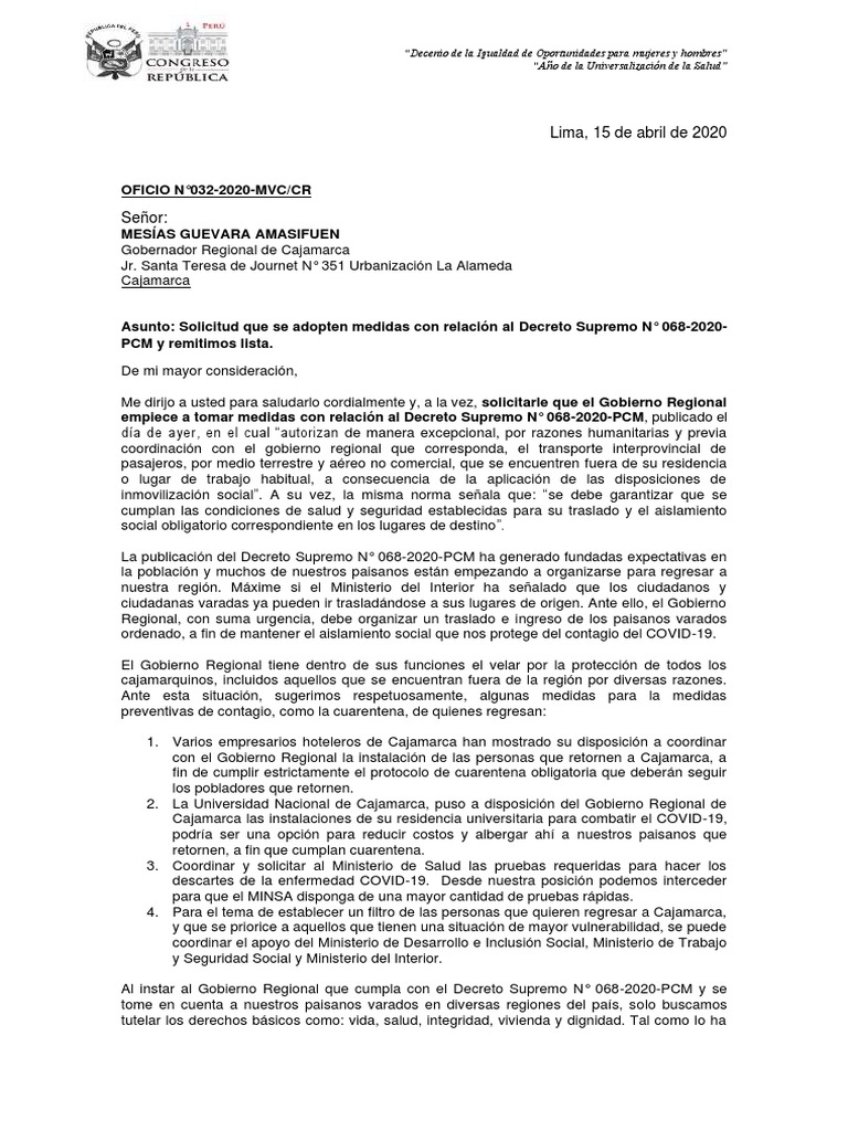 Oficio Al Gobernador Regional de Cajamarca | PDF | Esfera pública | Gobierno