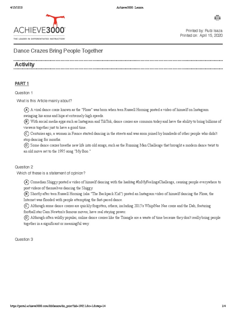 Dance Crazes Bring People Together: Activity | PDF | Dances