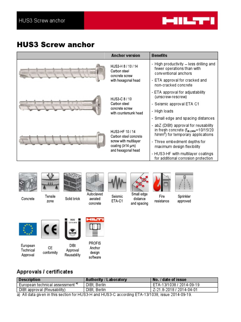 HUS3 Screw Anchor: Approvals / Certificates | PDF | Strength Of ...