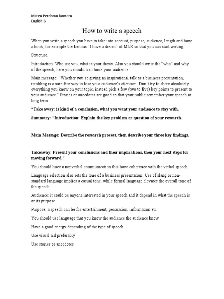 How To Write A Speech: Mateo Perdomo Romero English B | PDF