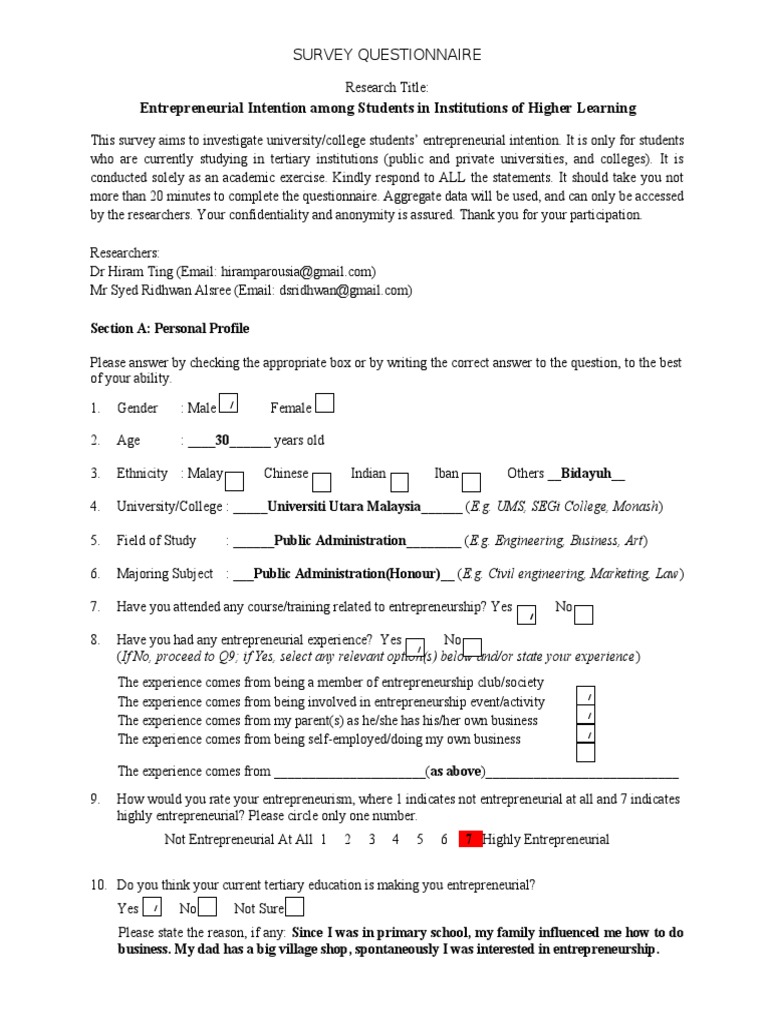 Entrepreneurial Intentions Survey for Students | PDF | Entrepreneurship ...