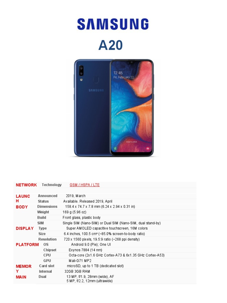 Samsung Galaxy A20 Specs & Features | PDF | Battery Charger | Touchscreen
