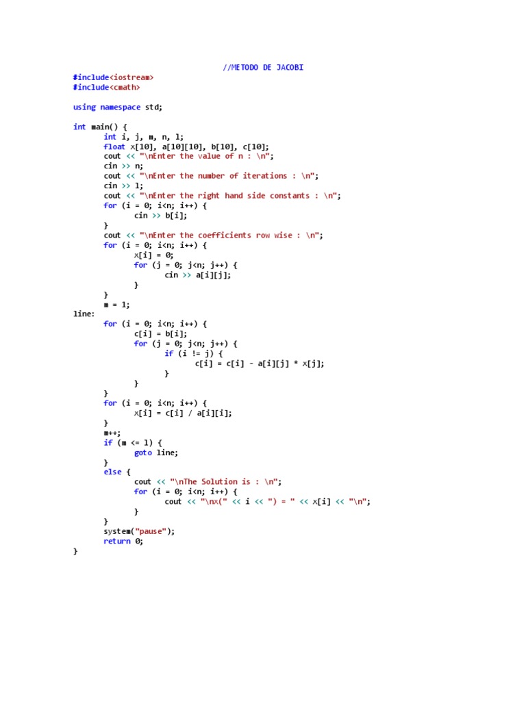 metodo de Jacobi #Include #Include Using Namespace Int Int Float | PDF