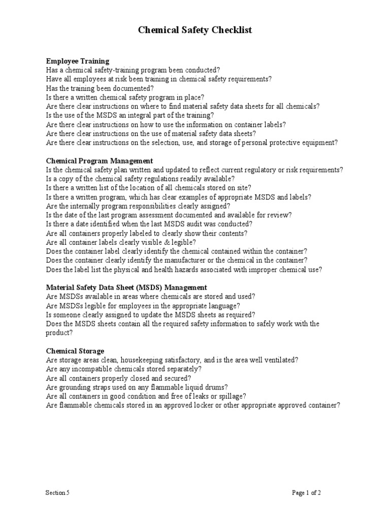 Chemical Safety Checklist: Employee Training | Download Free PDF ...