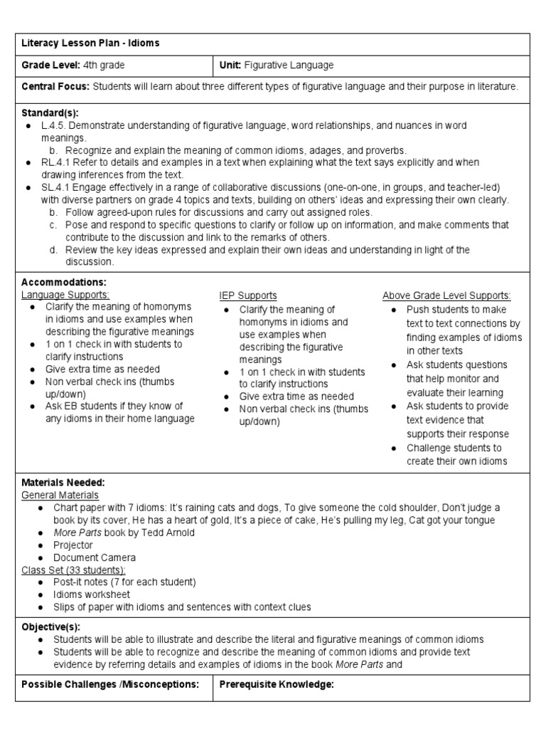 Literacy Lesson Plan - Idioms Grade Level: Unit: Central Focus ...
