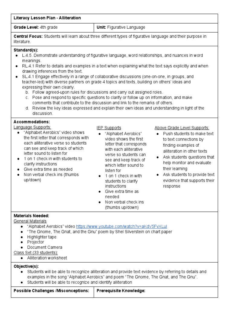 Literacy Lesson Plan - Alliteration Grade Level: Unit: Central Focus ...