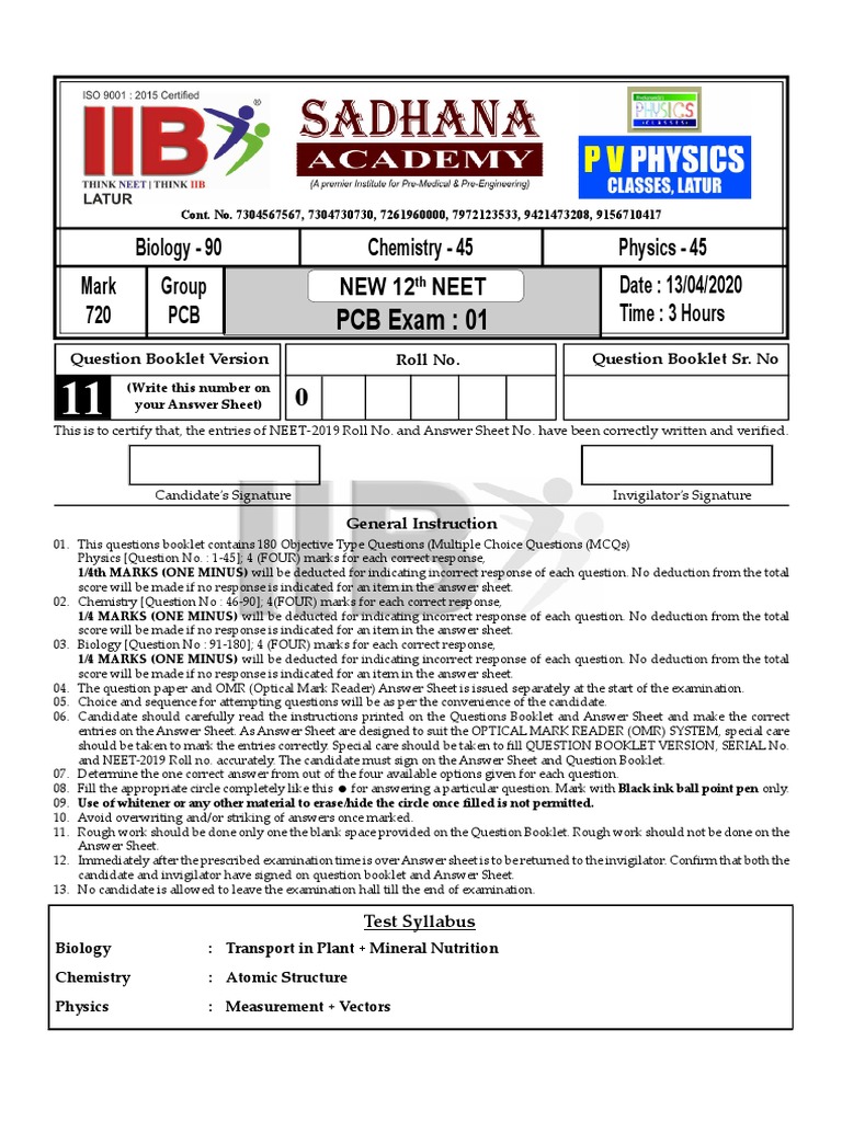 PCB Exam: 01: Mark 720 Group PCB Date: 13/04/2020 Time: 3 Hours Biology ...