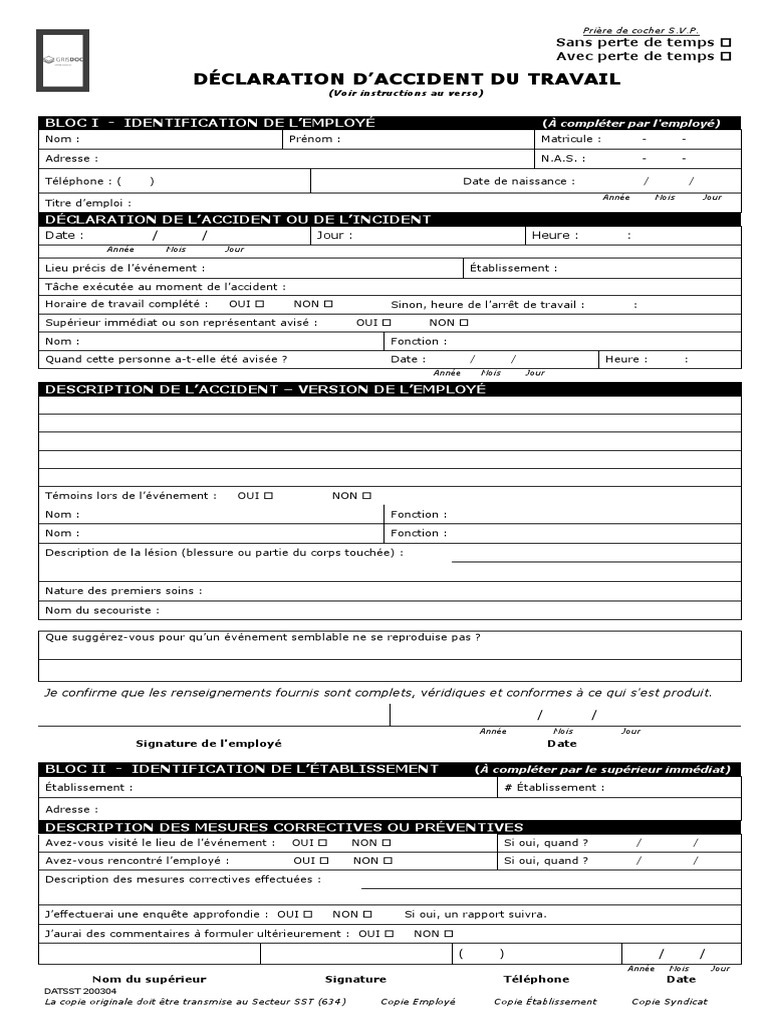 Modele de Declaration D Accident Du Travail | PDF | Les accidents ...