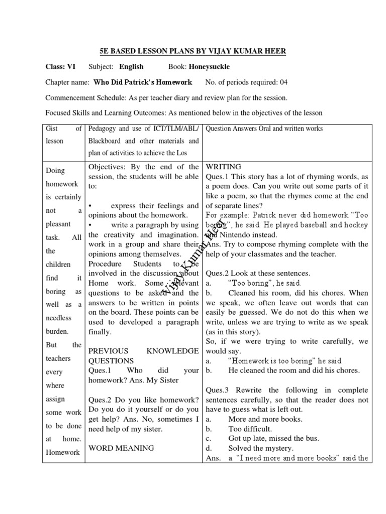Class 6 English Lesson Plan: Patrick's Homework | PDF | Question ...