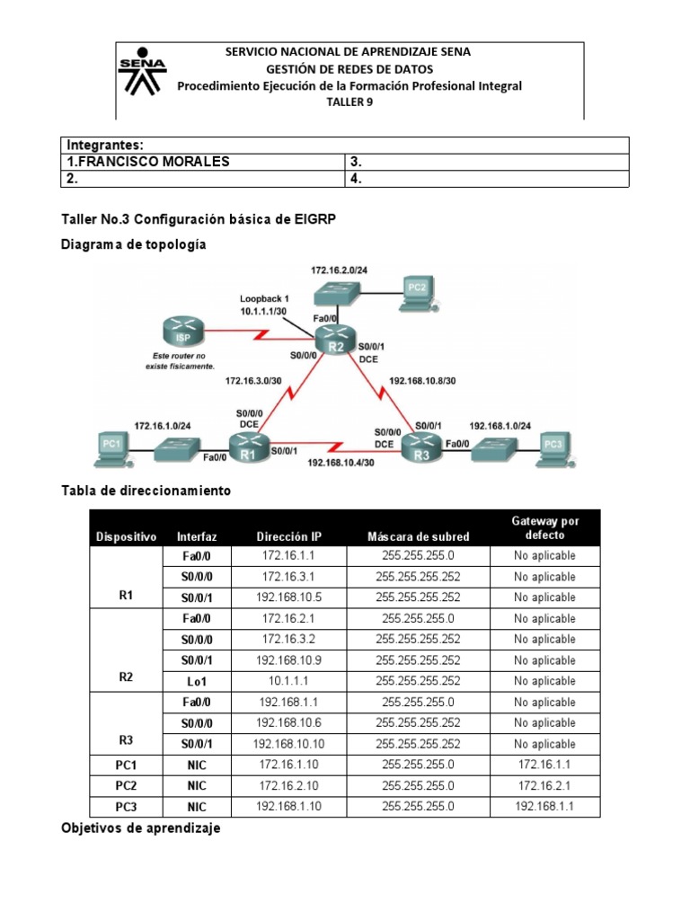 Taller 3 Configuración EIGRP | PDF | Enrutador (Computación) | Protocolos de internet