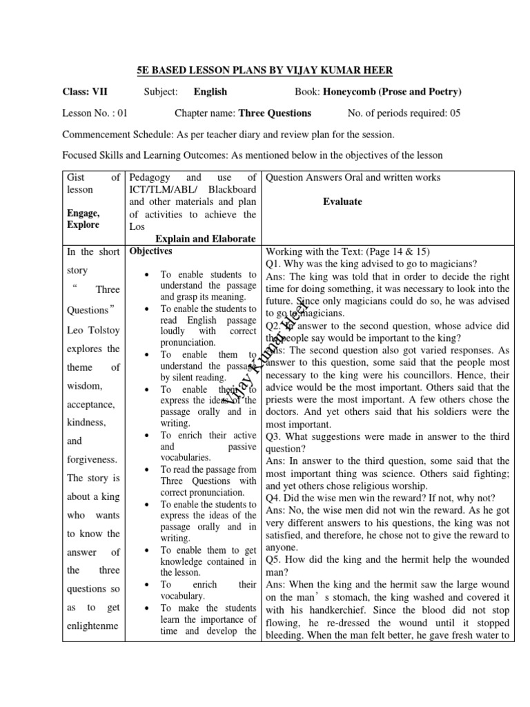 NCERT Lesson Plans Class 7th Eng Honeycomb by Vijay Kumar Heer ...