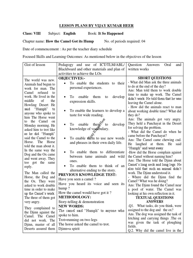 Class 8 English Lesson Plan: Camel's Hump | PDF | General Fiction