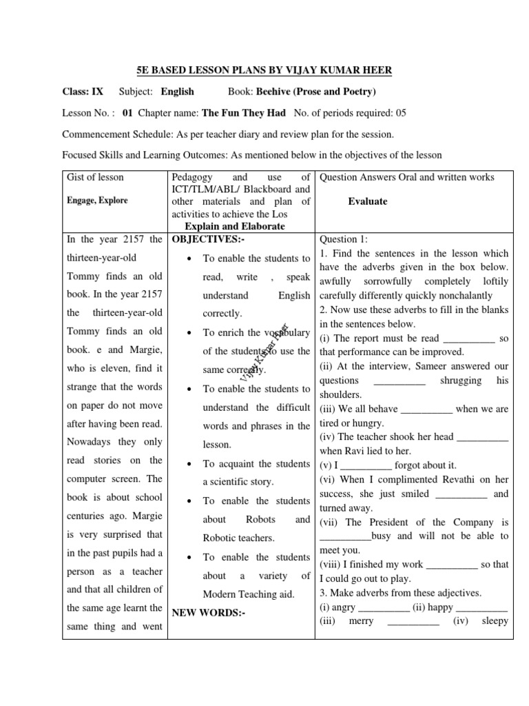 Lesson Plan: The Fun They Had - Class 9 | PDF | Lesson Plan | Teachers