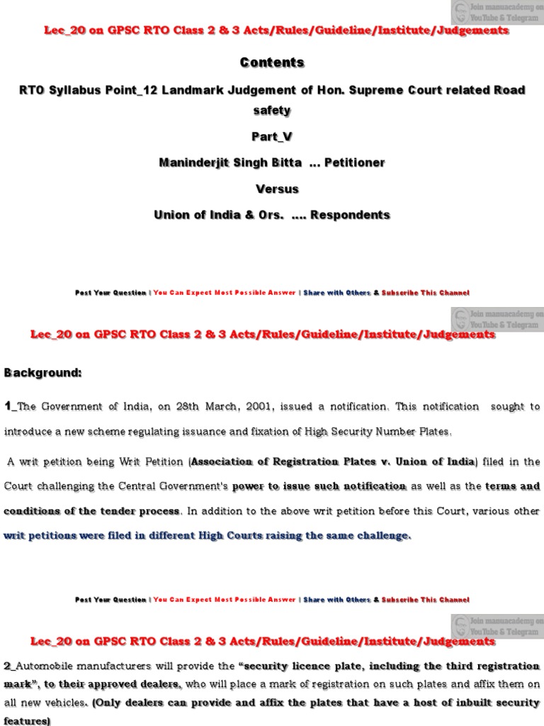 Lec - 20 On GPSC RTO Class 2 & 3 Acts/Rules/Guideline/Institute/Judgements | PDF | Vehicle ...