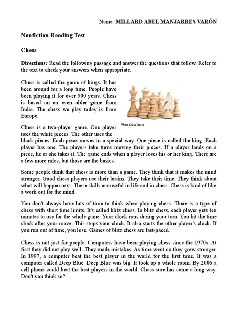 Nonfiction Reading Test Chess: Directions: Read The Following Passage ...