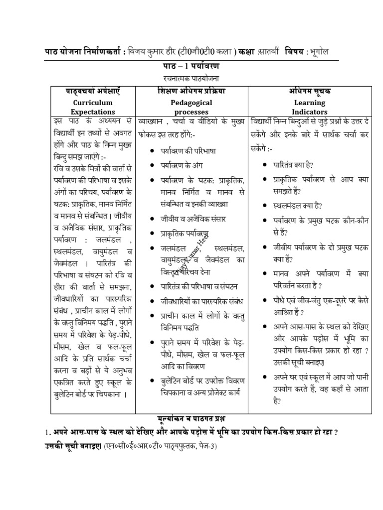 NCERT 7th Geography Lesson Plans by Vijay Kumar Heer | PDF