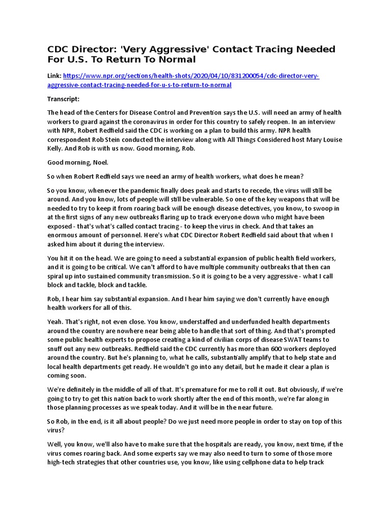 CDC Director: 'Very Aggressive' Contact Tracing Needed For U.S. To ...